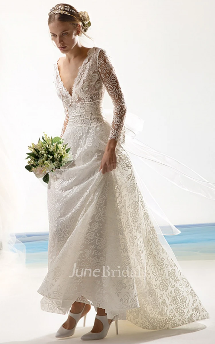 Vintage V neck Long Sleeve Floor length Lace A Line Wedding Dress with Bow June Bridals