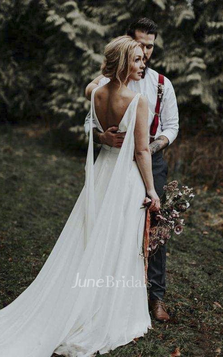 Plunging V neck Goddess A line Elegant Wedding Dress With Chapel And Watteau Train June Bridals